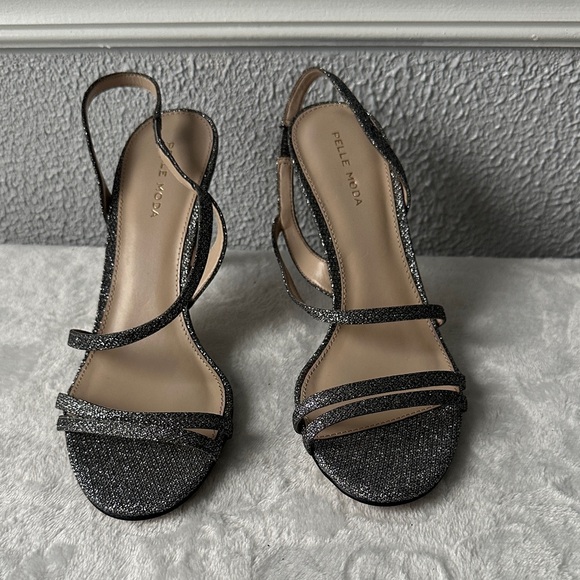 Pelle Moda | Shoes | Pelle Moda Rooni Mid Heel Glittery Black Strappy ...